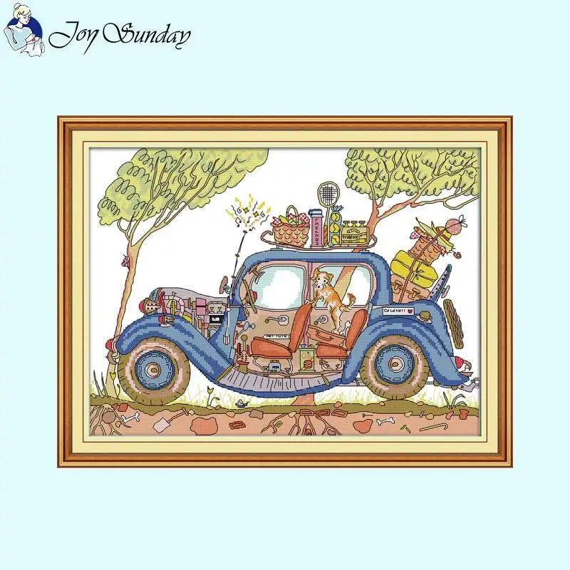 Cartoon Patterns Wagon Cross Stitch Kit White Printed Fabric | AIMDIY