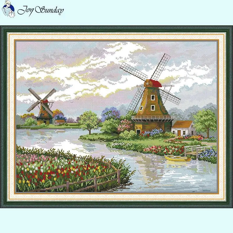 Dutch Windmill Landscape Cross Stitch Kit DIY Gifts